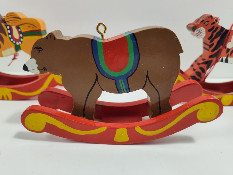 3 Vintage Wood Rocking Animal Christmas Ornaments Bear Lion Tiger Hand ...