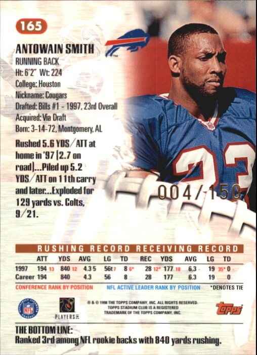 1998 Stadium Club One of a Kind Bills Football Card #165 Antowain Smith ...