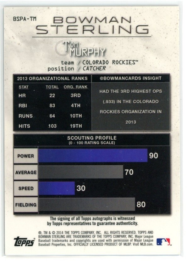 2014 Bowman Sterling Baseball Tom Murphy Prospect Autograph #BSAP-TM | eBay