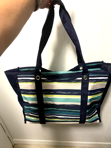 Thirty-One 31 Blue Tan Turquoise Striped Zippered Utility 18"X15" Bag ...