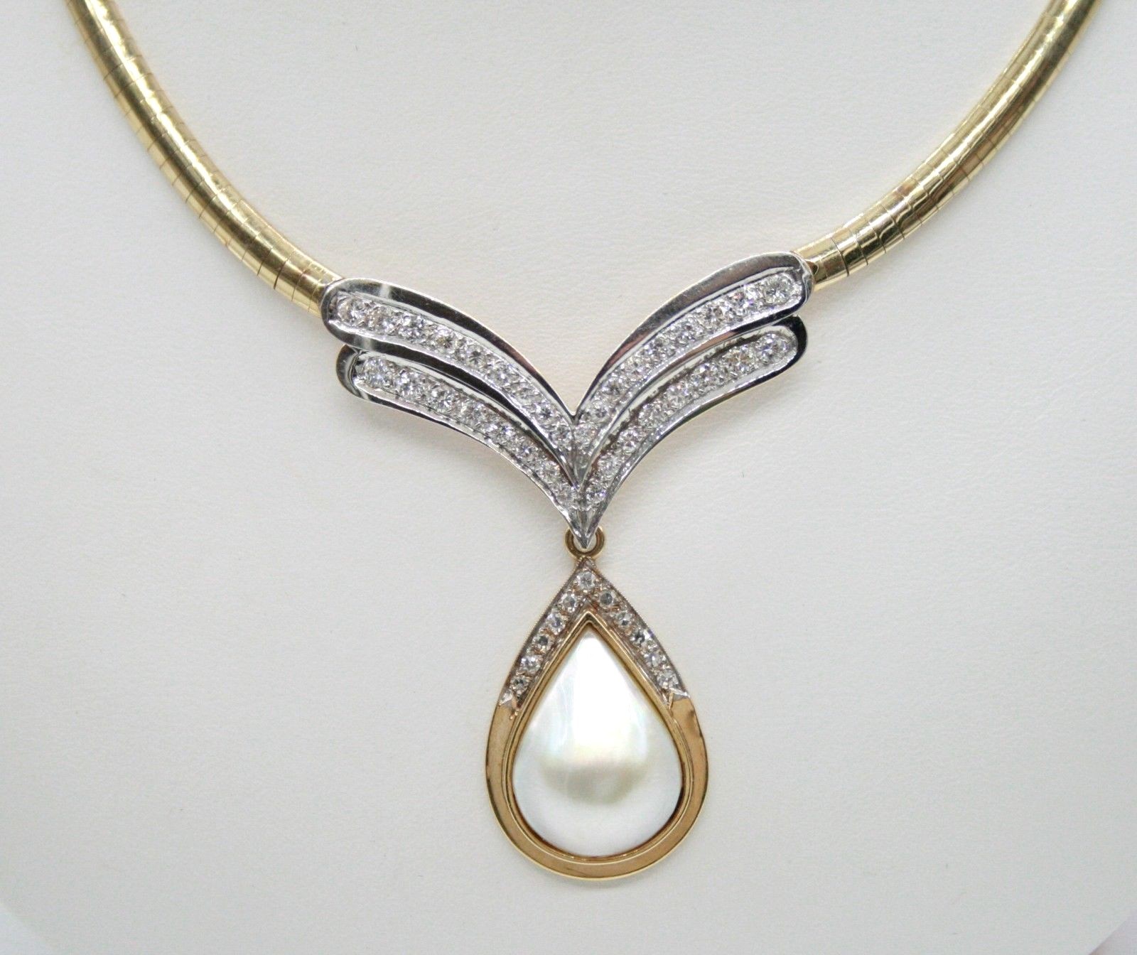 14K YELLOW GOLD VINTAGE OMEGA DIAMOND NECKLACE WITH MADE PEARL PENDANT ...