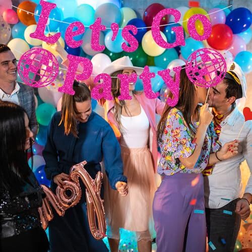 Let's Go Party Disco Ball Hot Pink Glitter BannerBachelorette Party ...