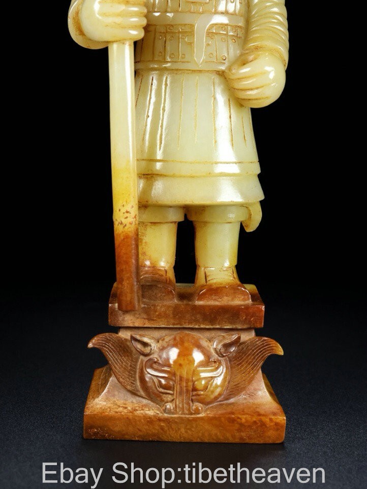 9" Old China Natural Hetian Jade Nephrite Palace Soldier Hold Weapon ...