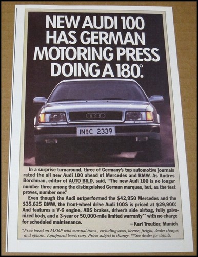 1992 Audi 100 Print Ad Clipping 1991 Car Auto Advertisement 4.75"x7.5 ...