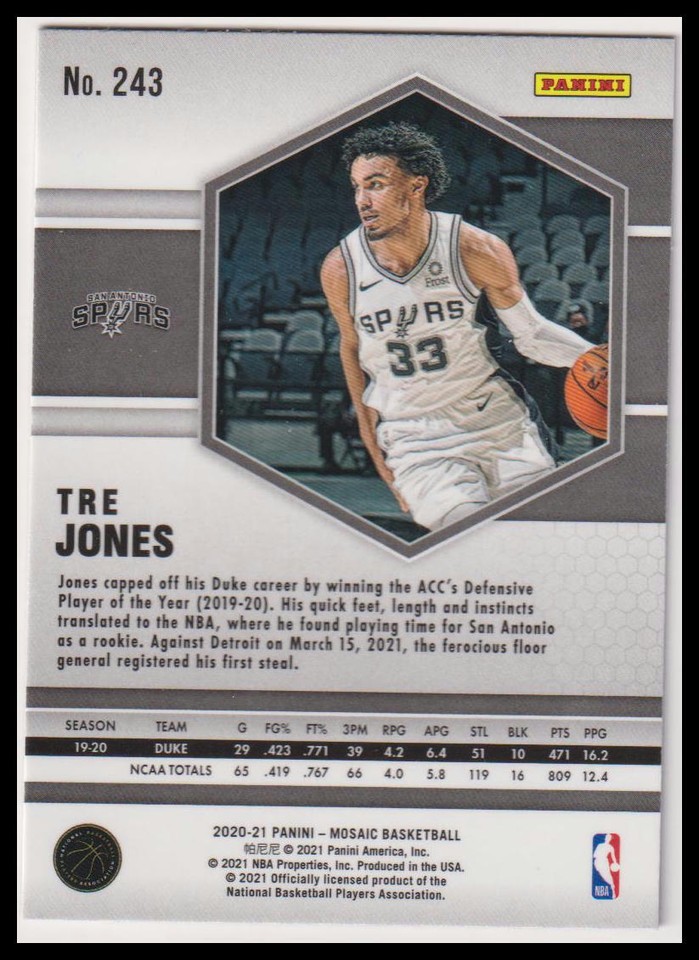 2020-21 Panini Mosaic #243 Tre Jones Rookie RC | eBay