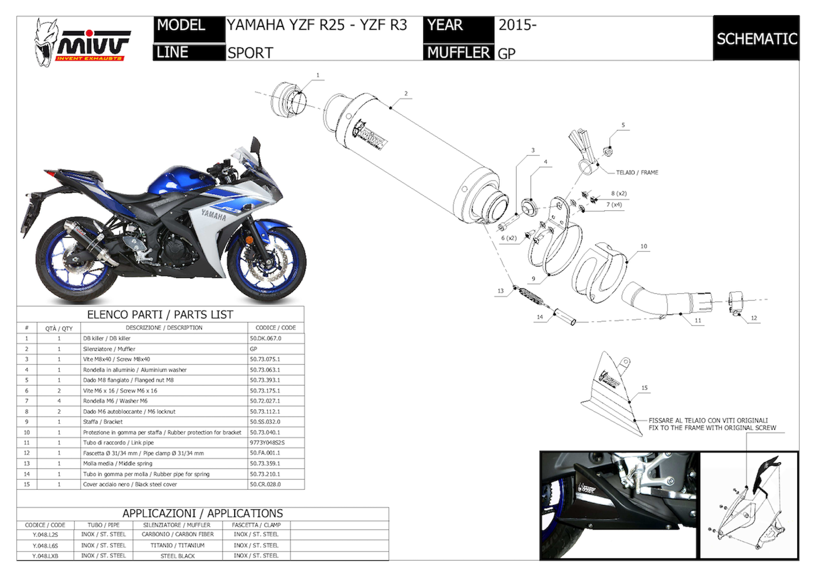 MIVV EXHAUST HOMOLOGATED CAT-OEM GP CARBON YAMAHA YZF R3 R-3 2021 21 ...
