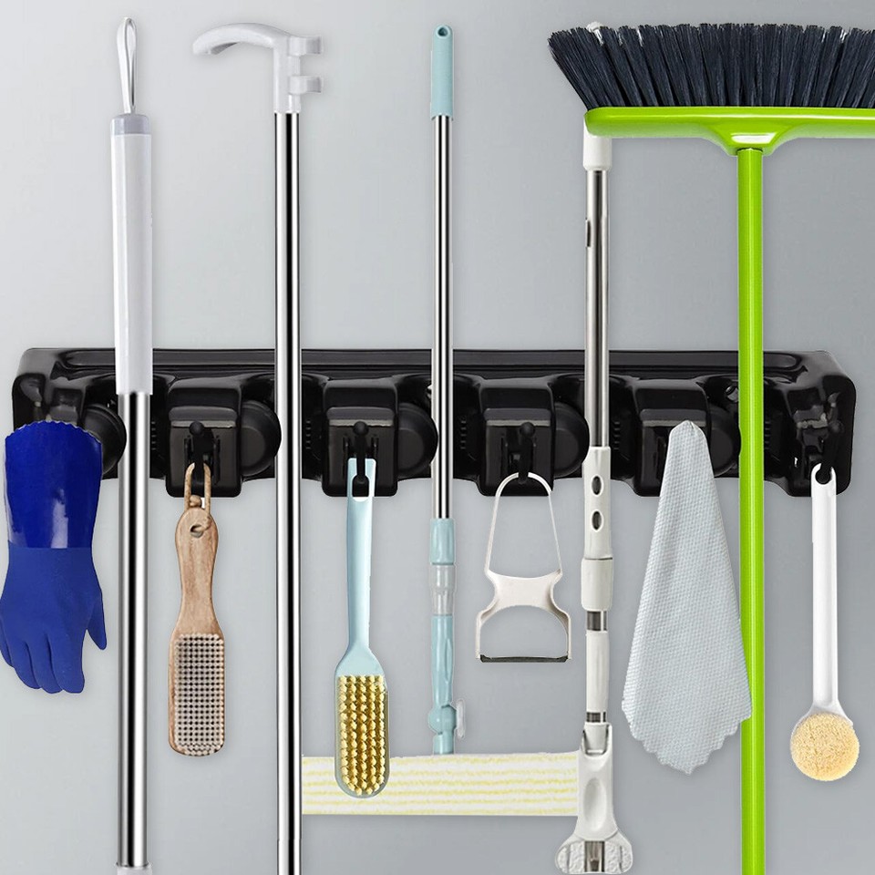 Wall Mounted Broom Holder 5 Position 6 Hooks Hanger Mop Hanger for ...