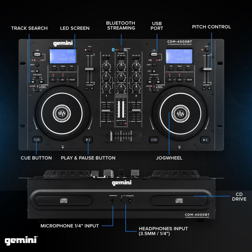 Gemini Sound CDM-4000BT: All-in-One DJ CD Player & Mixer Combo with ...