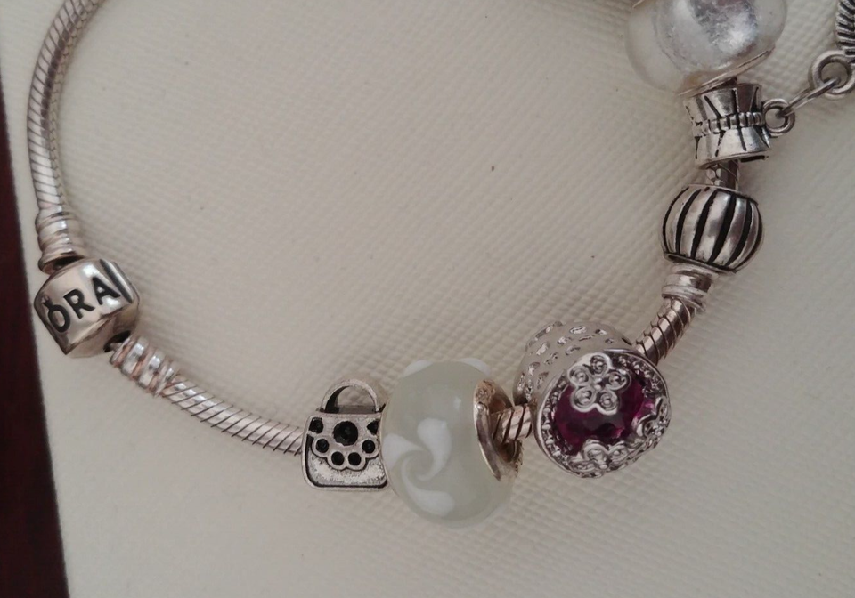 Authentic Pandora Sterling Silver Barrel Charm Bracelet European Charms ...