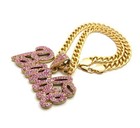 Women Gold Plated Pink Barbie Iced Cubic Zirconia Charm & Cuban Chain ...