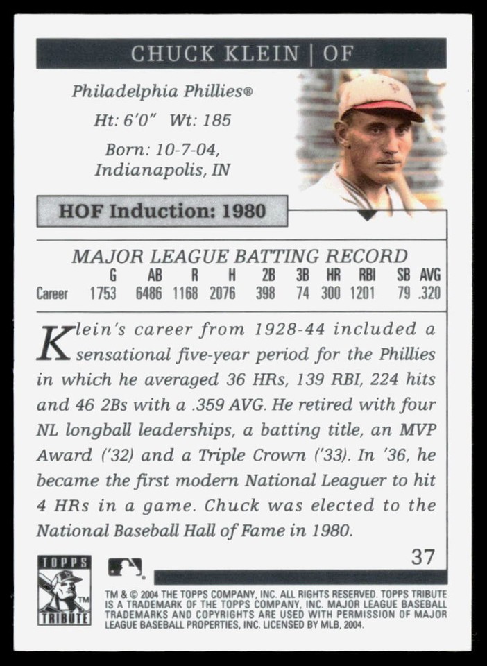 Chuck Klein 2004 Topps Tribute HOF #37 Haze & Scratches | eBay