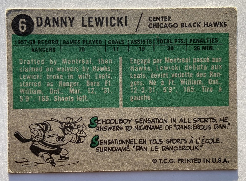 1958-59 Topps Hockey #6 Danny Lewicki - Chicago Blackhawks - See Pics ...