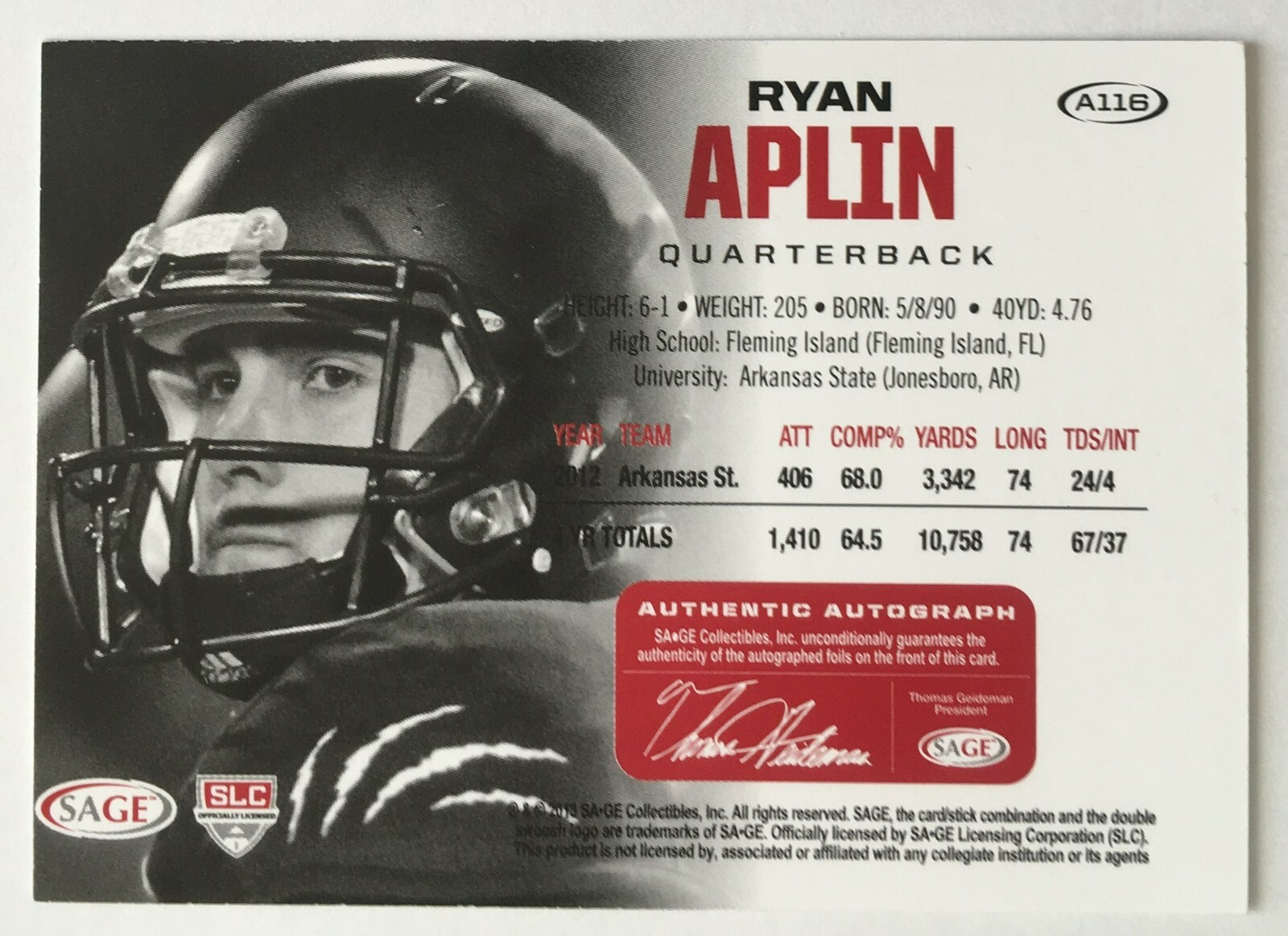 Ryan Aplin 2013 SAGE HIT Autograph Silver #A116 Arkansas State Rookie ...