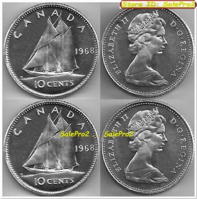 2x CANADA 1968 CANADIAN DIME ST. CROIX SHIP QUEEN ELIZABETH 10 CENT ...