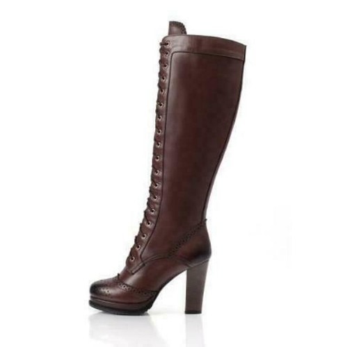 Womens Leather Military Combat Lace Up High Heels Knee High Boots Roman ...