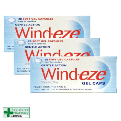 3x Wind-Eze Simeticone 125mg 20 Soft Gels - Combat Trapped Wind ...