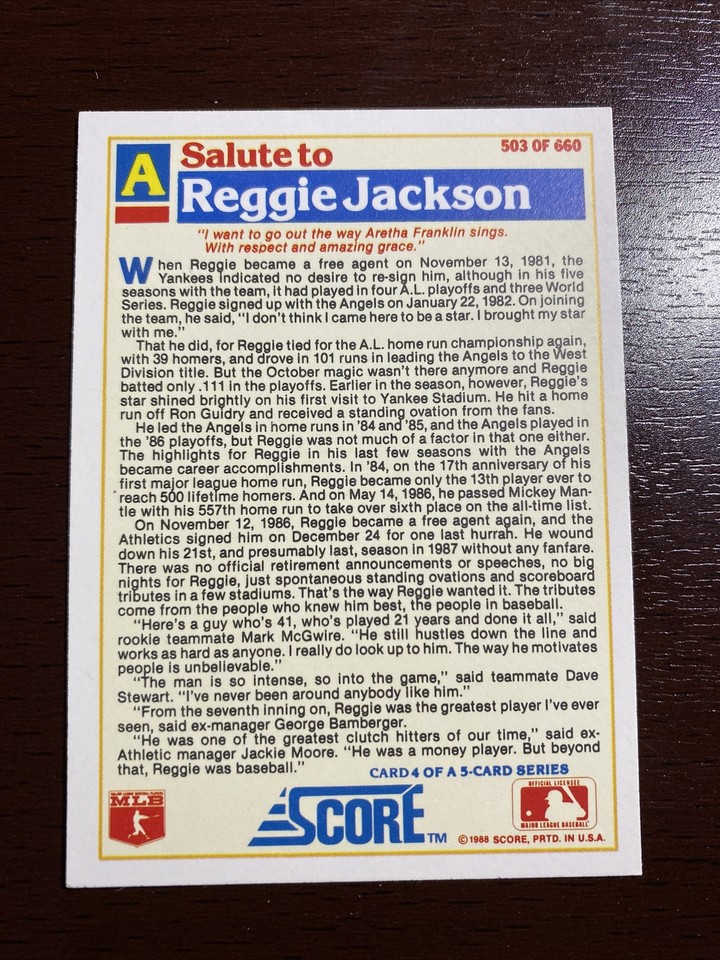 1988 Score #503 "A Salute to Reggie Jackson" 1982-86 California Angels ...