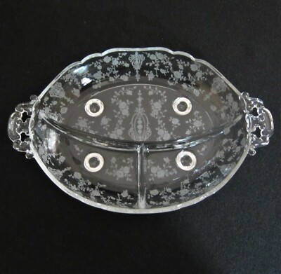 Crystal Relish Dish Oval Three Part Cambridge Glass Etched Rose Point ...