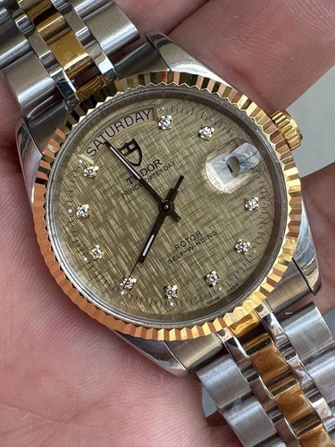 Tudor Prince Date Day 76213 Gold Linen Diamonds Dial Men's Watch ...
