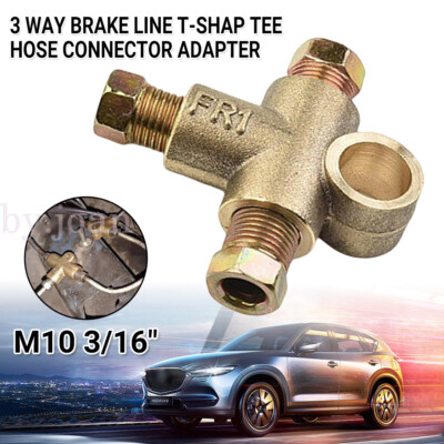 3 Way Brake Line T-Shap Tee Hose Connector Adapter + 3 Male Nuts M10 3/ ...