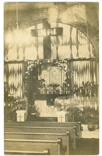 View Inside Church's Altar, INRI Cross On The Topmost Are With Flowers ...