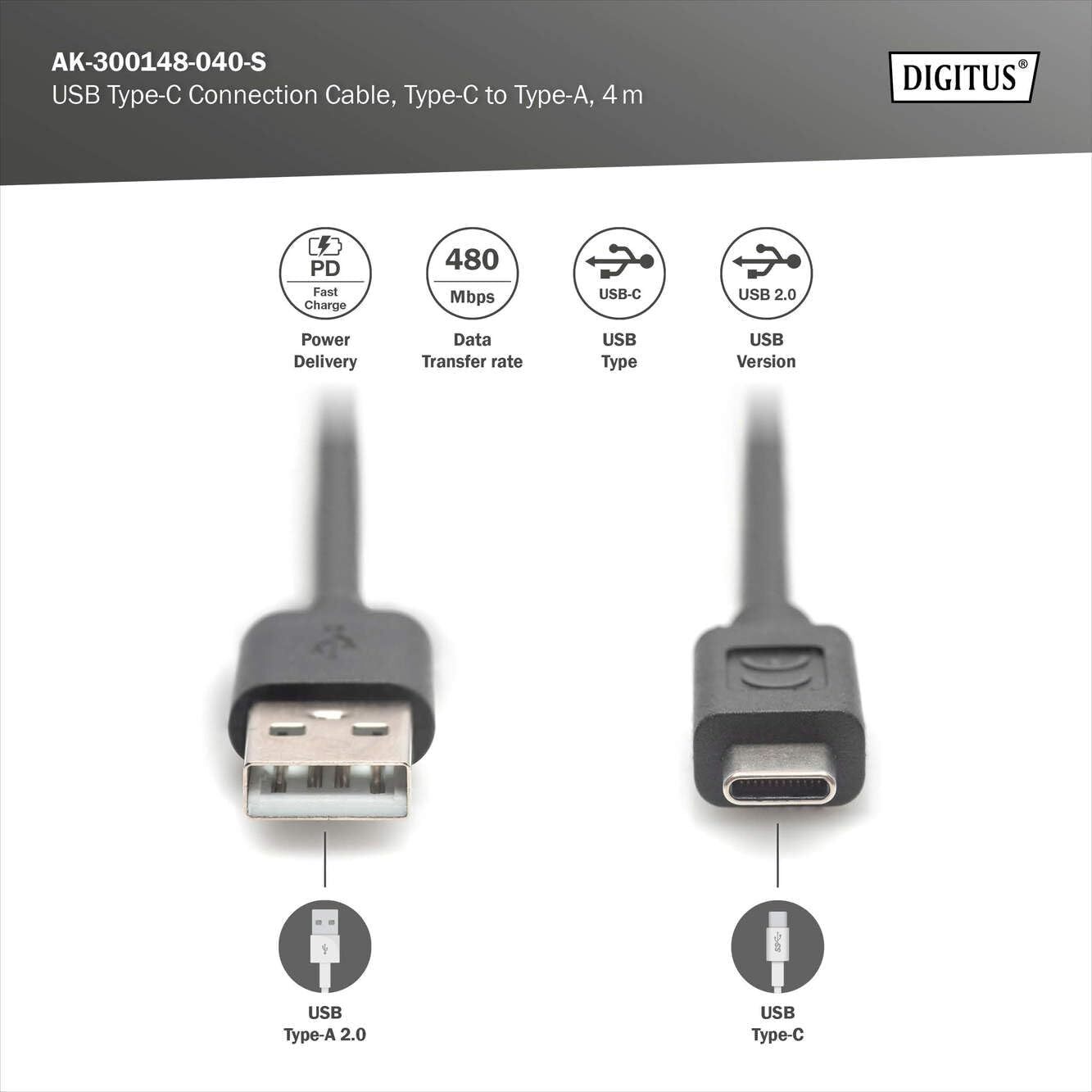 DIGITUS USB Type-C connection cable, type C to A M/M, 4.0m, 3A, 480M ...
