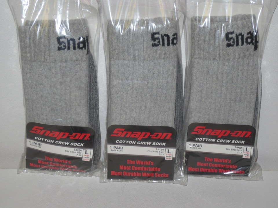 6 PAIRS = SNAP-ON Crew Socks, GRAY ~ LARGE ~ FREE SHIPPING ~ MADE IN ...