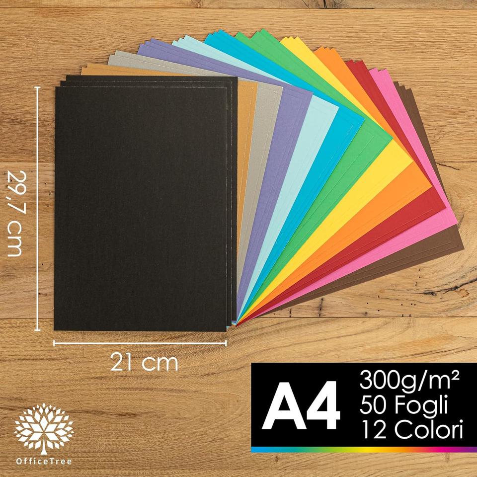 50X Cartoncini Colorati A4 300G - 12 Colori - Fogli Cartoncino Colorato ...