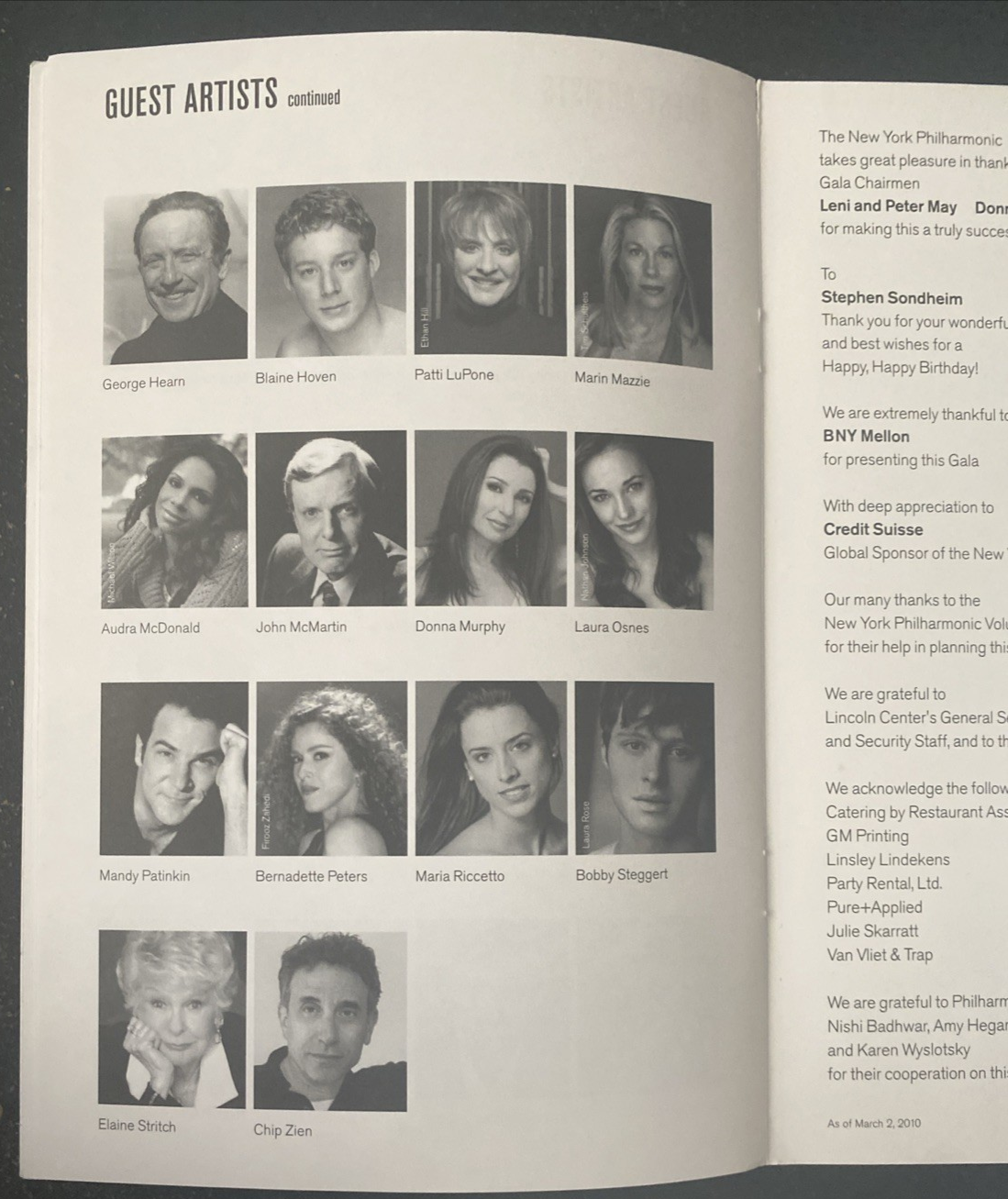 Sondheim!: The Birthday Concert 2010 Playbill and Gala program and menu ...