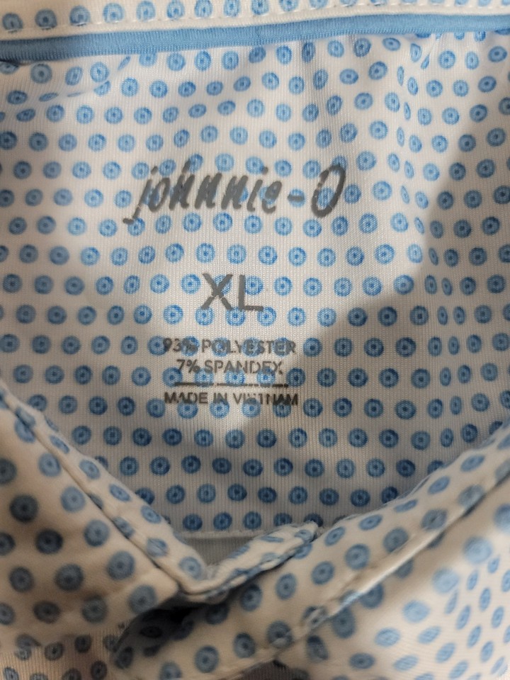johnnie-O Squirly Performance Polo XL White Blue Dot Golf Shirt Stretch NC Crest | eBay