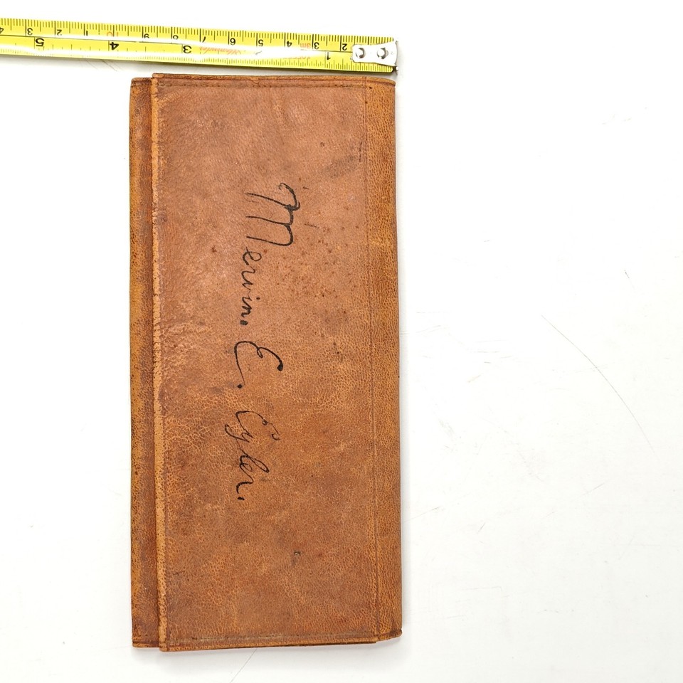 Antique 1800s Aged Tan Leather Wallet Tri-Fold Billfold Signed Mervin E ...