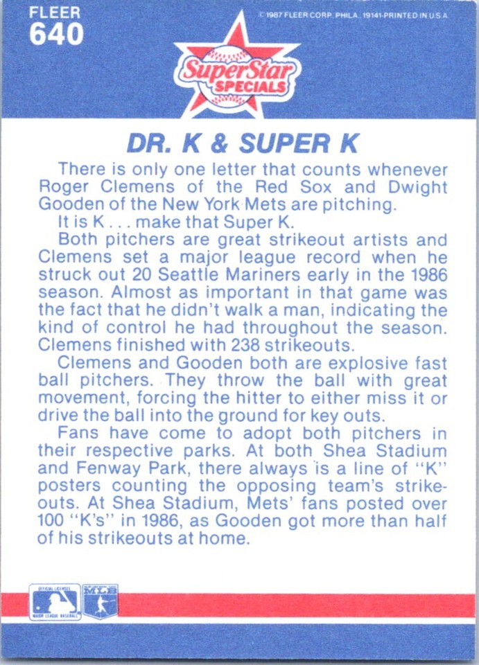 1987 FLEER DWIGHT GOODEN/ROGER CLEMENS NEW YORK METS/BOSTON RED SOX ...