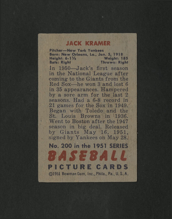 1951 BOWMAN BASEBALL CARD #200 JACK KRAMER AUTOGRAPHED SIGNED NEW YORK ...