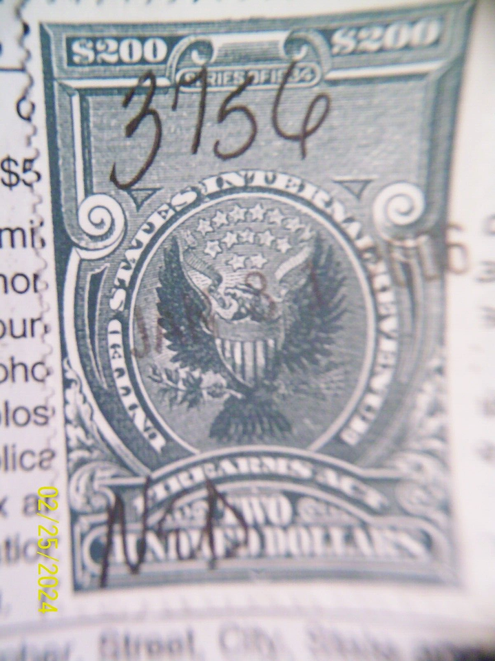 $200 NFA US Revenue Stamp w/Top Corner of Form -- Tax Stamp Super Nice ...