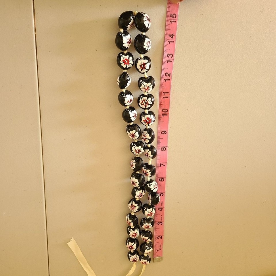 kukui nut lei hawaiian style necklace natural hand-painted hibiscus ...