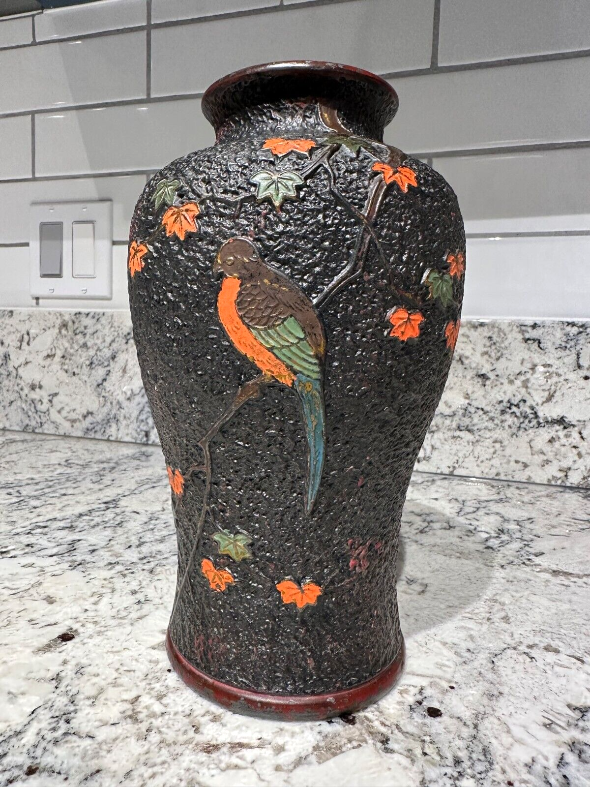 TOKANABE Vintage Ware Black Pottery Red Floral Bird Textured Vase Made ...