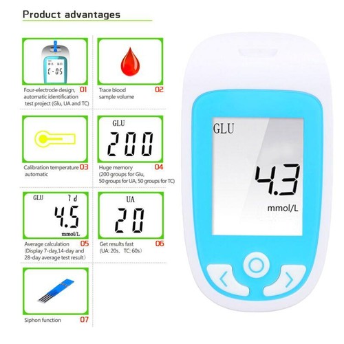 For 3in1 Cholesterol Uric Acid Blood Glucose Monitor Test Meter Kit | eBay