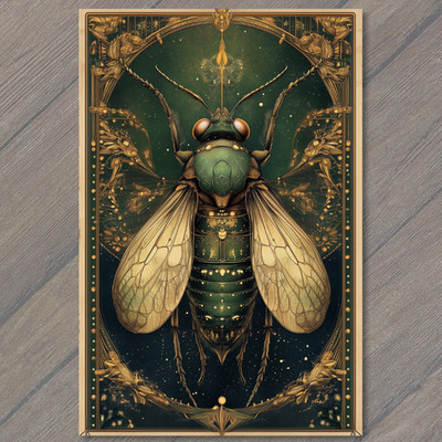 POSTCARD Green Bug Wings Symmetry Gold Border Fantasy Insect Decorative ...