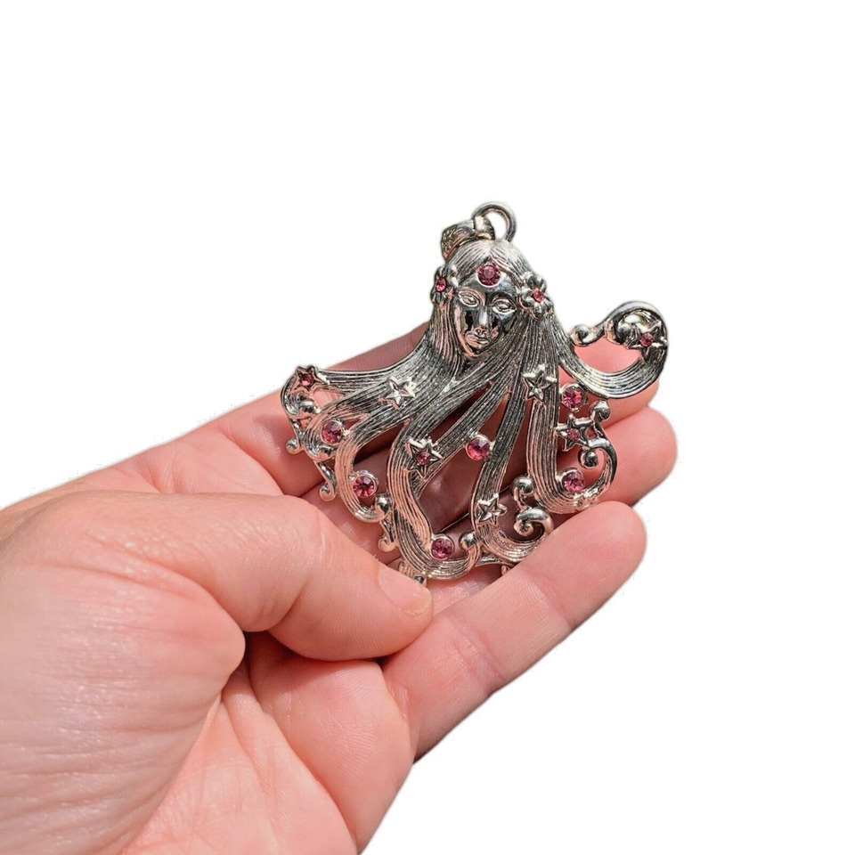 Large Silver Celestial Star Angel Pendant W/ Pink Rhinestone Gift For ...