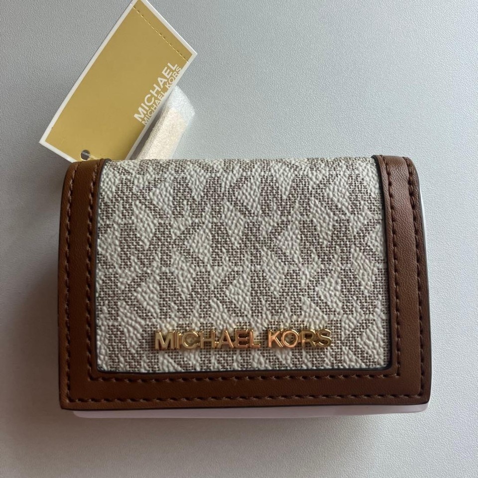 Michael Kors Jet Set Travel Tri-Fold Wallet XS White/Brown MK Signature ...