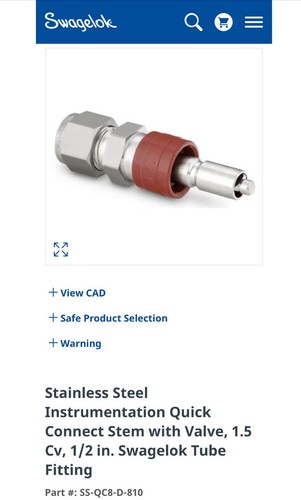 SWAGELOK SS-QC8-D-810 Quick Connect Stem with Valve, 1.5 Cv, 1/2 tube ...