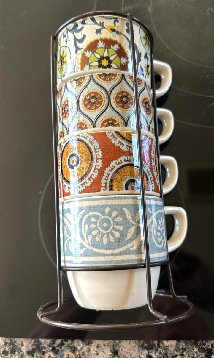 Pier 1 Stacking Coffee Mug cups Set 4 Rack Paisley MISC Pattern Space ...