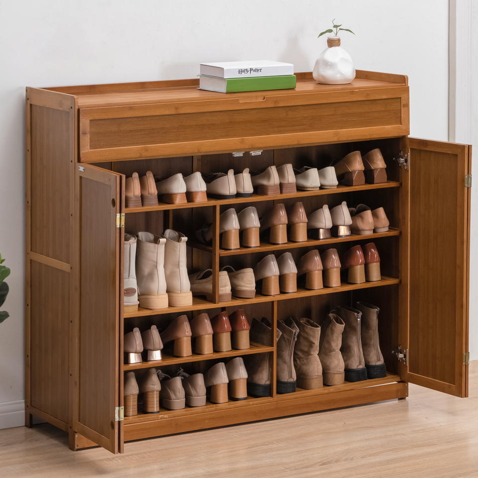 46" Bamboo [BOOTS STORAGE COMPARTMENT] Bifold Door Shoe Cabinet w ...