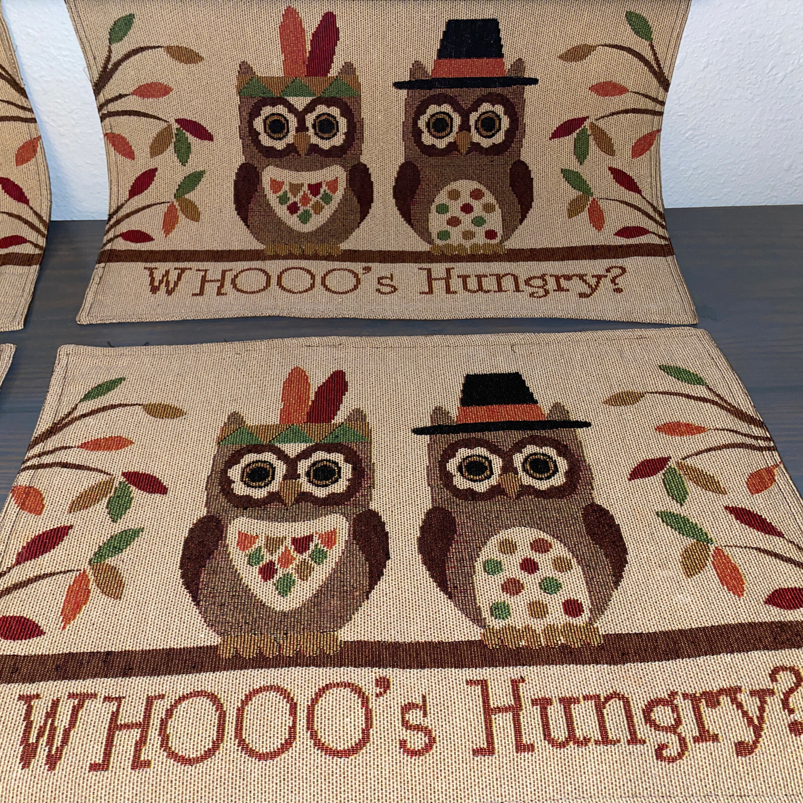 Lot Of 4 Fall Harvest OWLS “WHOOO’S HUNGRY” Tapestry Placemats 13" x 18 ...