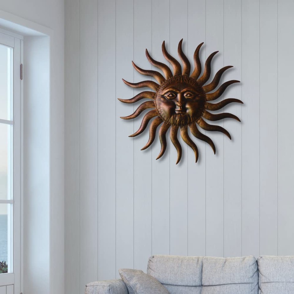 Metal Wall Art Decor Outdoor Inside with 3D Sun Face, 31" Large Outside ...