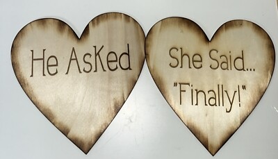 He Ask She Said Finally Wood Hearts Set Of 2 Photo Props Engagement ...