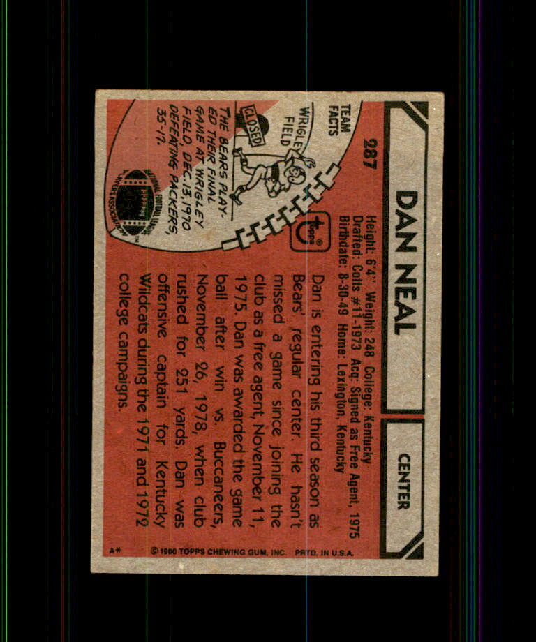 1980 TOPPS FOOTBALL CARD #287 DAN NEAL CHICAGO BEARS | eBay