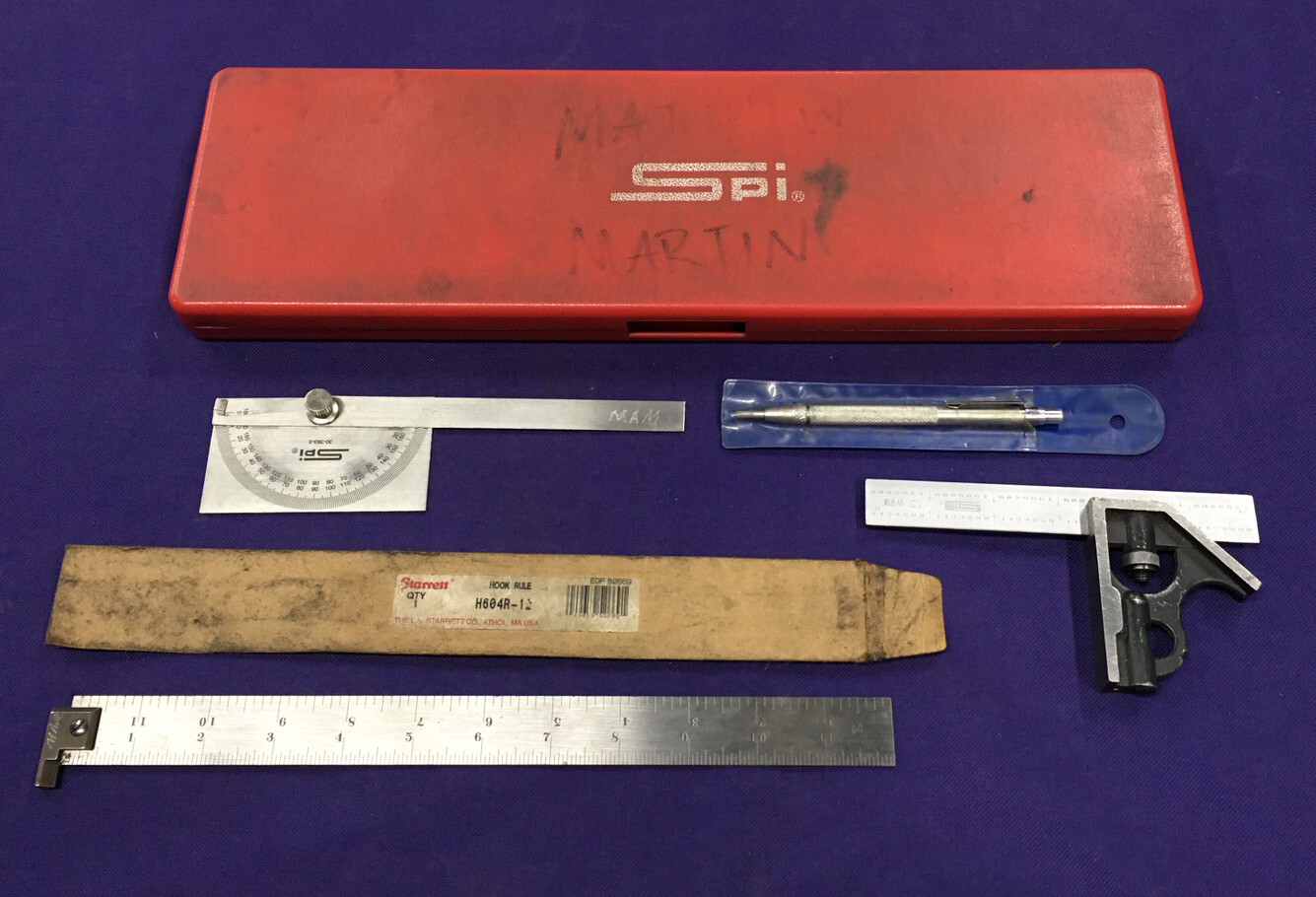 MIXED Box of Machinist Tools - SPI Protractor, Starrett Hook Rule ...