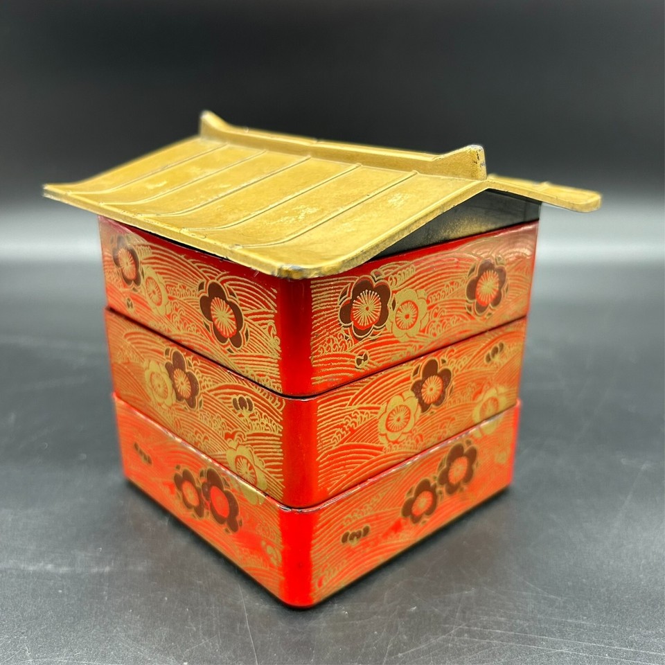Vtg Red Plastic Faux Lacquer Flowered Stacking Pagoda Storage Box ...
