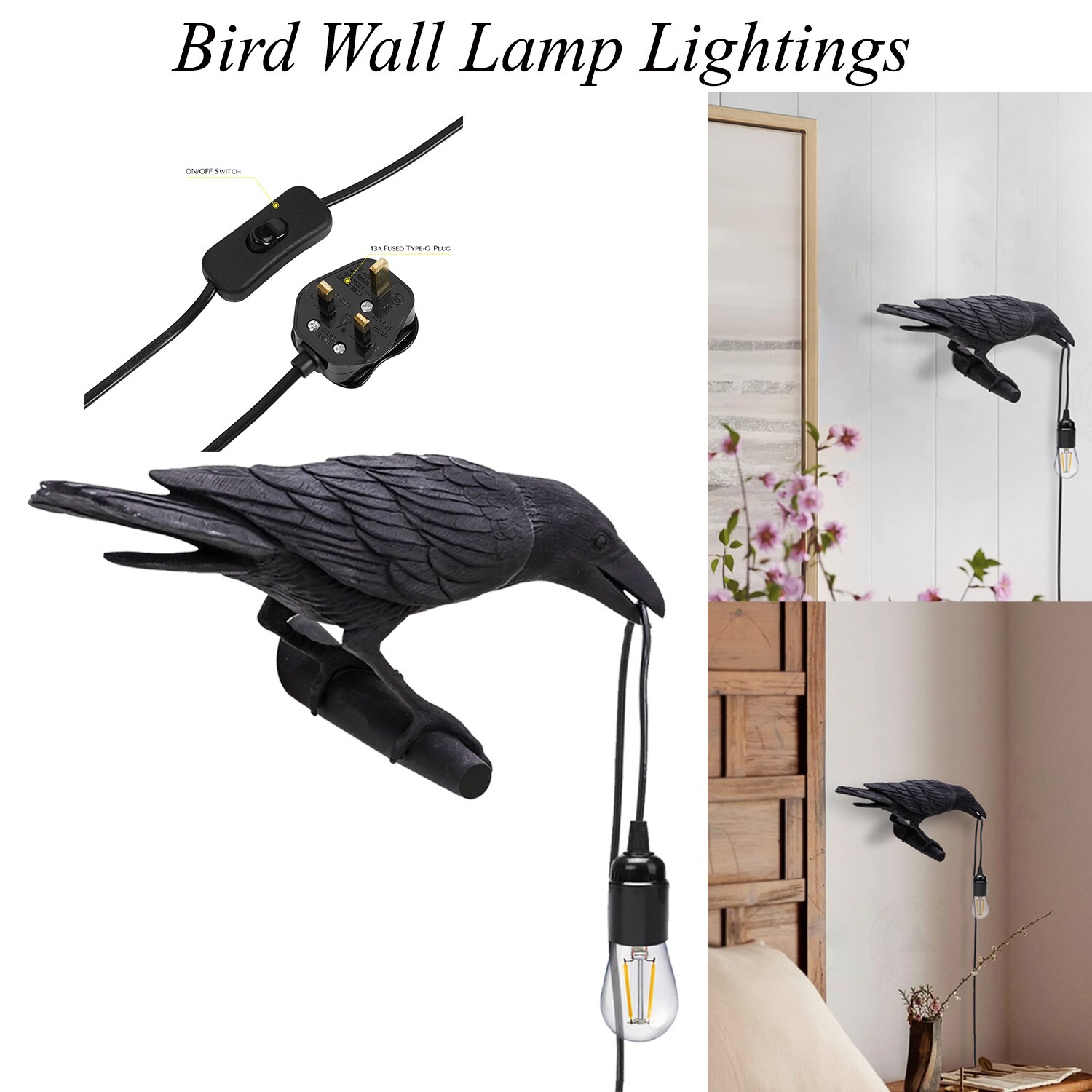 Wall Light Resin Lucky Bird Crow Wall-Lamp Bedside Raven Plugin Wall ...